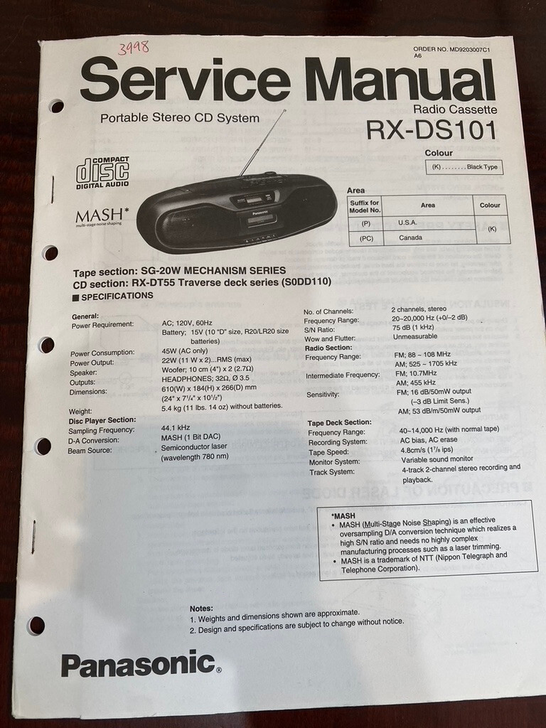 PANASONIC RX-DS101 RXDS101 Service Manual FROM THE USA **ORIGINAL ...