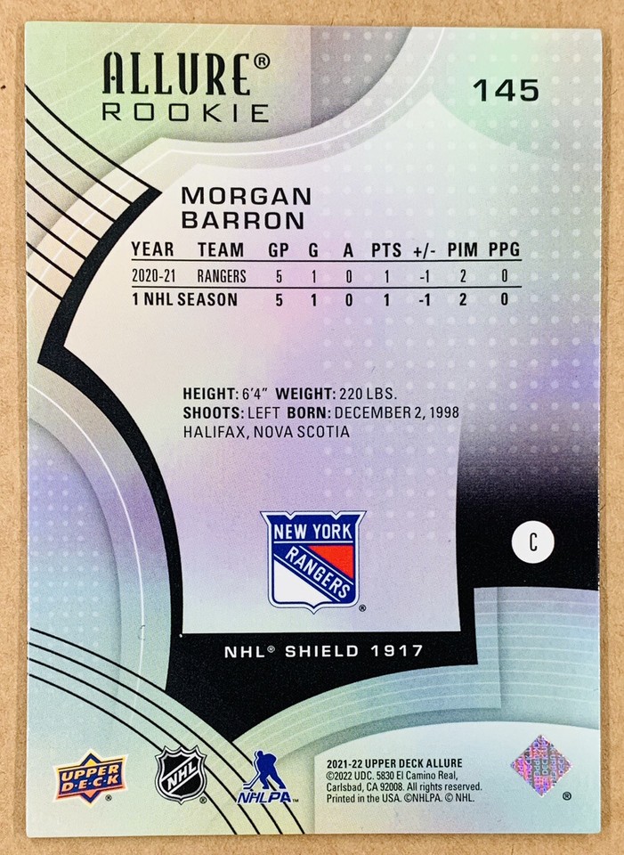 2021/22 Upper Deck Allure Rookies Morgan Barron 1917 NHL Shield Rookie ...