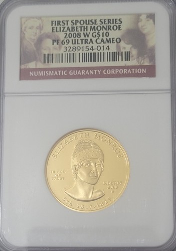 1/2 Troy Oz .9999 Fine Gold 1st Lady Elizabeth Monroe PF69 Ultra Cameo ...