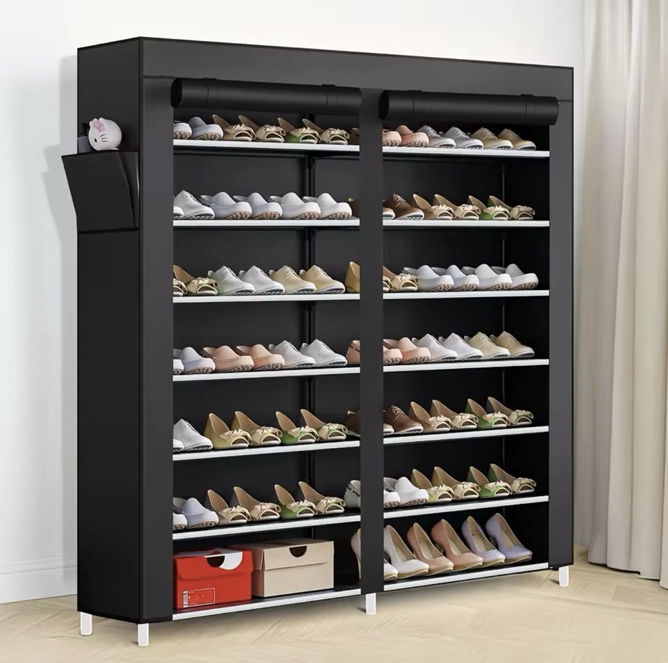 6-layer double row shoe rack with dust cover, easy to assemble Black ...