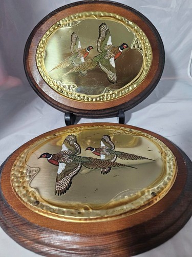 2 Vintage Pheasant Plaques-Brass- Wood Oval Wall DECOR 11" X 8.5" | eBay