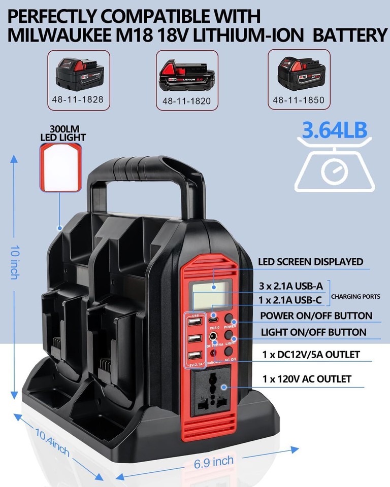 350W M18 Power Supply Inverter For Milwaukee 18V Battery to AC 110V & 3 ...