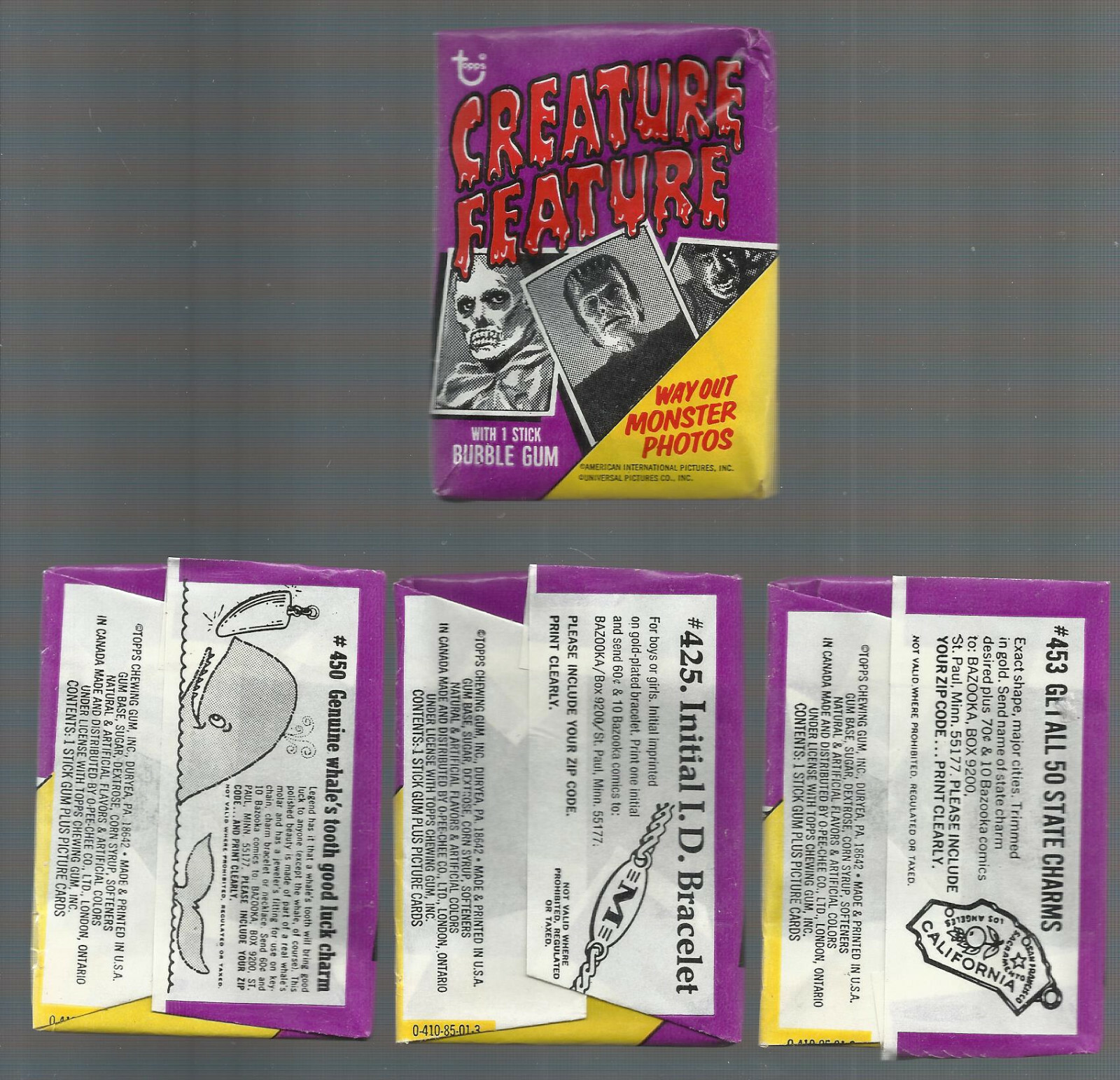 1973 TOPPS CREATURE FEATURE 3 UNOPENED PACKS WITH 3-DIFFERENT WRAPPER ...