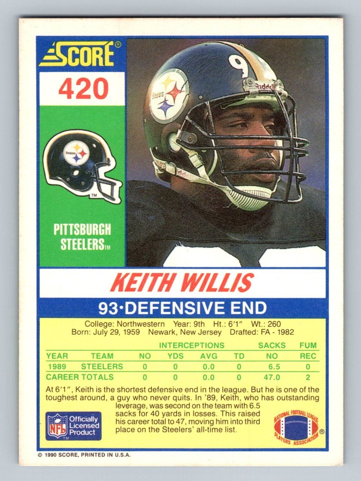 1990 Score #420 Keith Willis Pittsburgh Steelers | eBay
