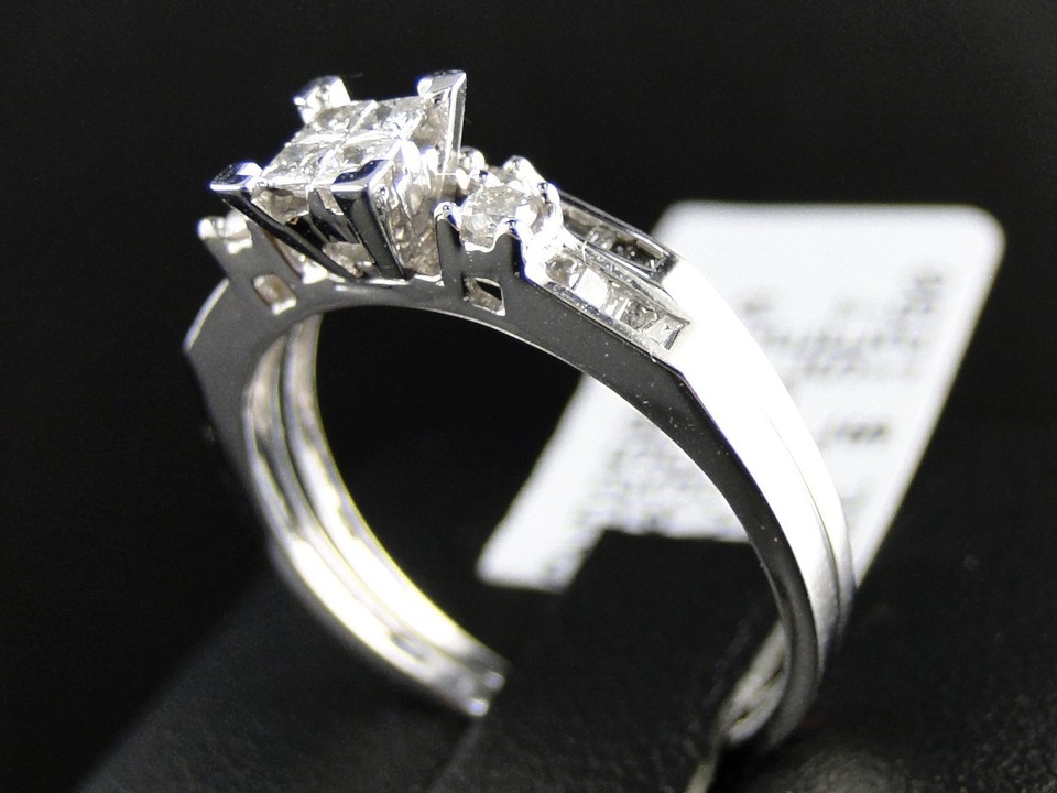 Women's Ladies White Gold Princess Cut Real Diamond Bridal Engagement ...