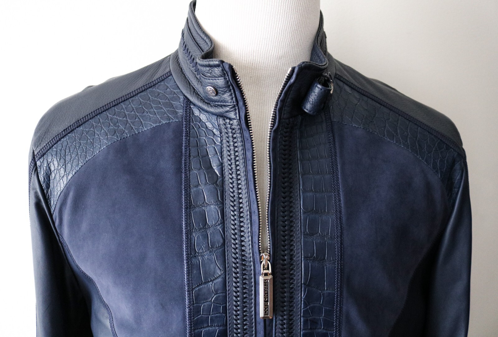 STEFANO RICCI Blue Deerskin Alligator Crocodile Leather Jacket Coat 52 ...