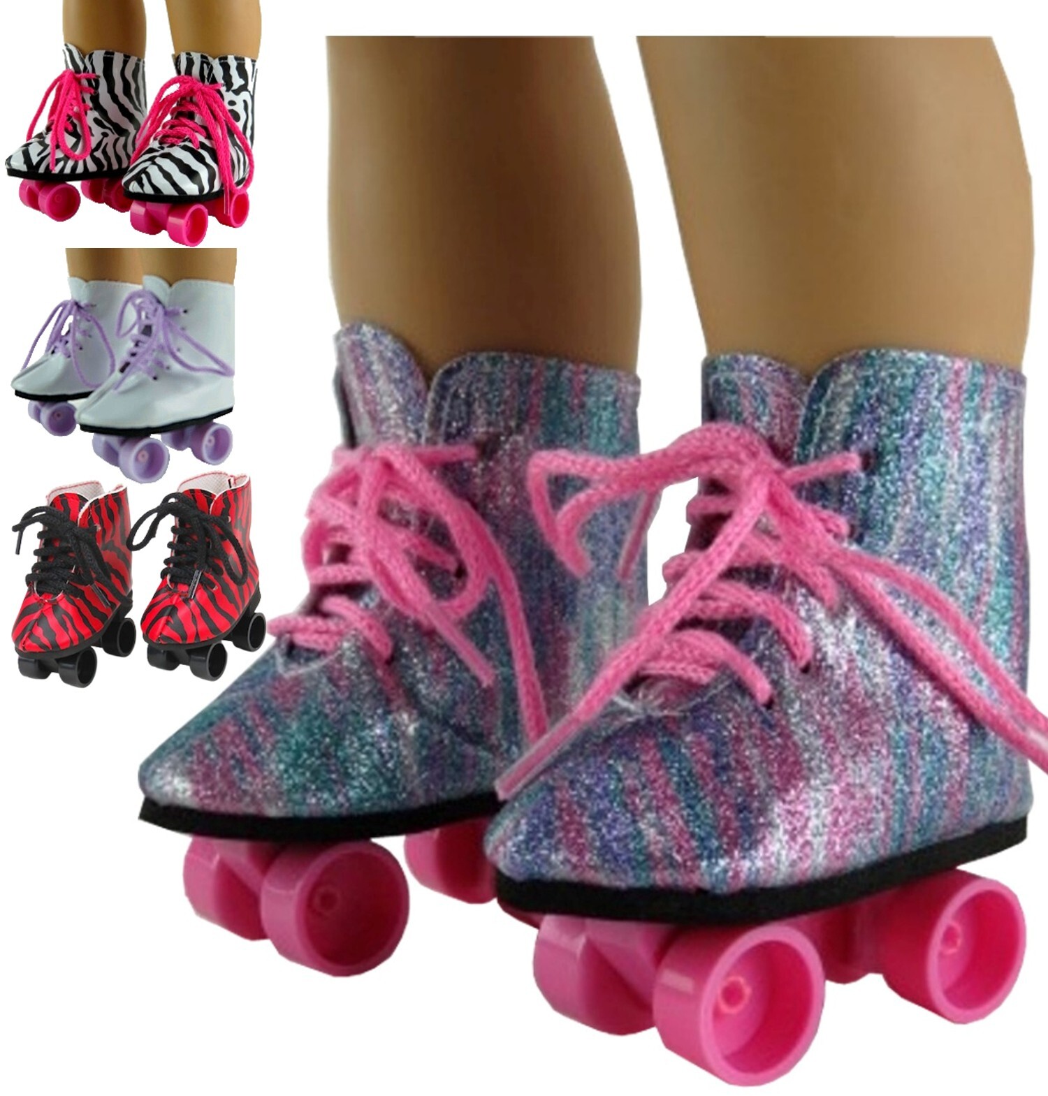 White Zebra or Rainbow Glitter Roller Skates fit 18
