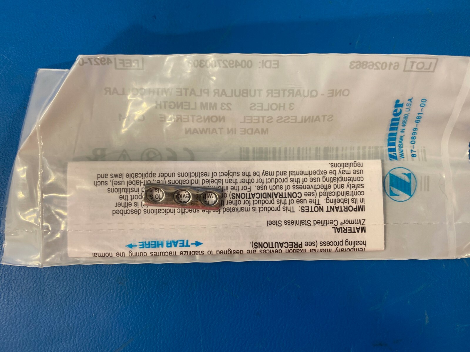 Zimmer one quarter tubular plate with collar 3 holes 23mm length OEM ...