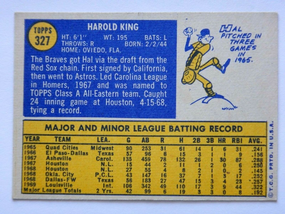 Hal King #327 Topps 1970 Baseball Card (Atlanta Braves) VG | eBay