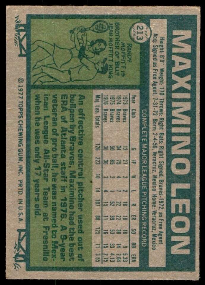 1977 TOPPS MAXIMINO LEON . ATLANTA BRAVES #213 | eBay