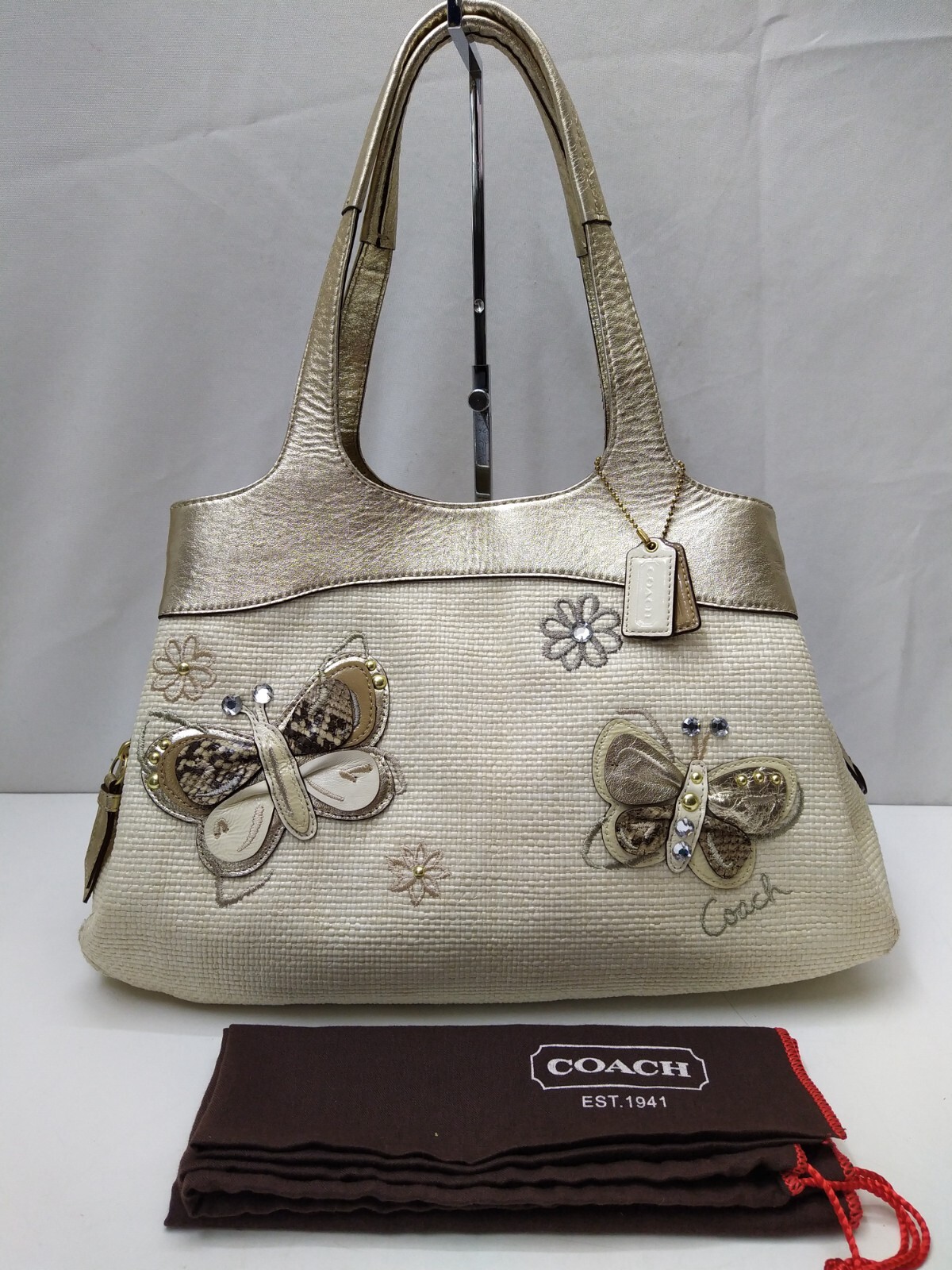 Coach Ivory Straw Embossed Embroidery Butterfly Gold … - Gem