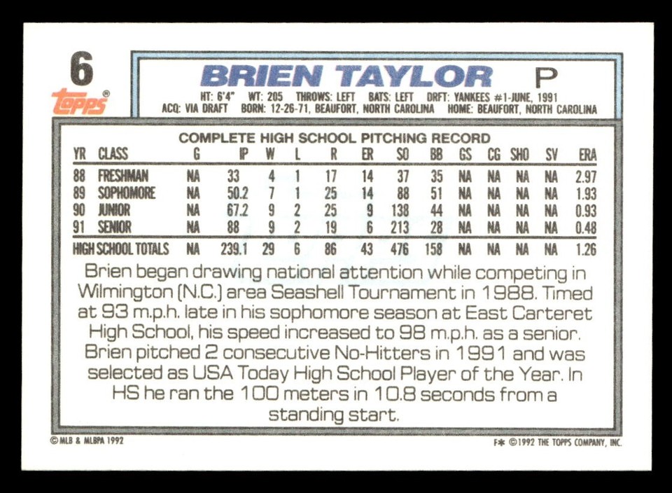 Brien Taylor 1992 Topps Draft Pick Rookie Card #6 New York Yankees | eBay