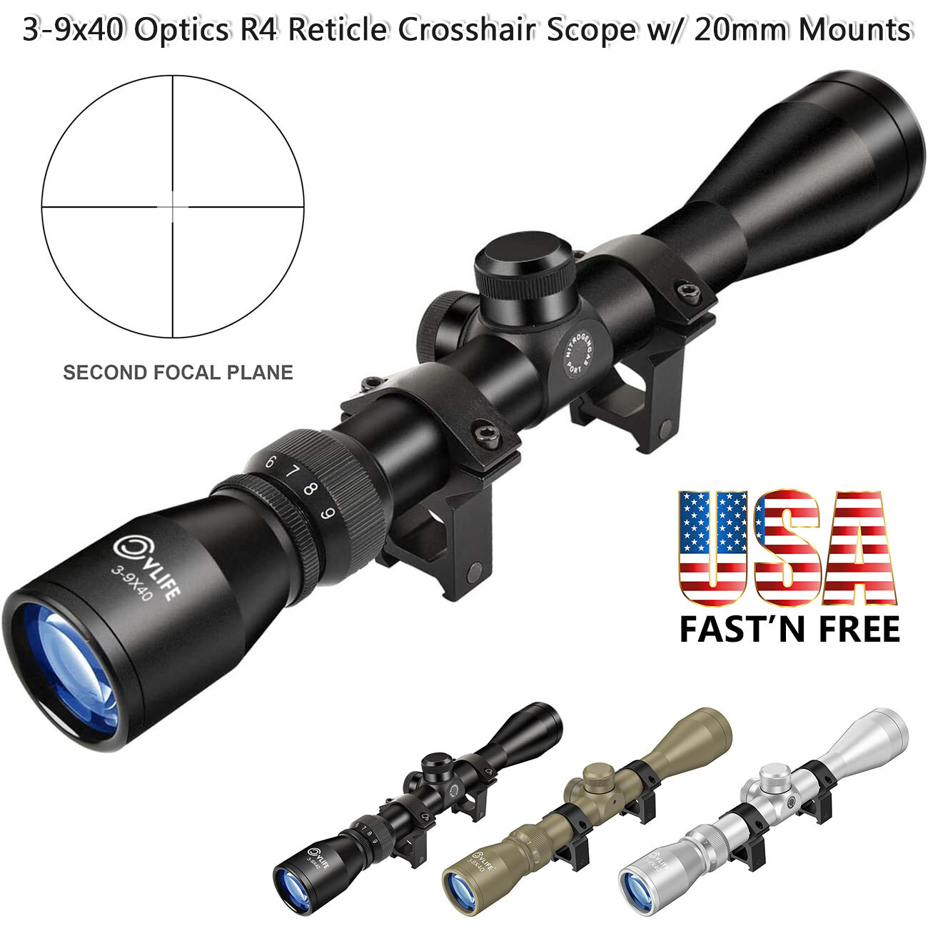 Hunting 3-9x40 Rifle Scope Crosshair Reticle Optical Gun Scope w/ 1 ...