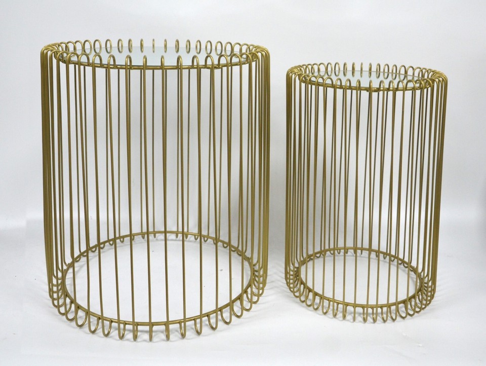 Nesting Set of 2 Round End Tables Wire Coffee Table Cage Mirrored Top ...