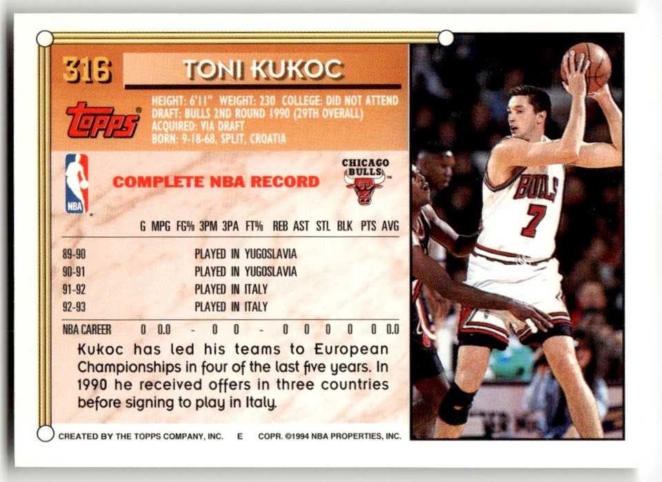 1993-94 Topps Toni Kukoc Gold Rookie #316 | eBay