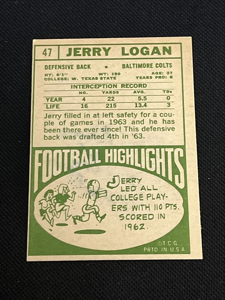 JERRY LOGAN 1968 TOPPS SIGNED AUTOGRAPHED CARD #47 BALTIMORE COLTS | eBay