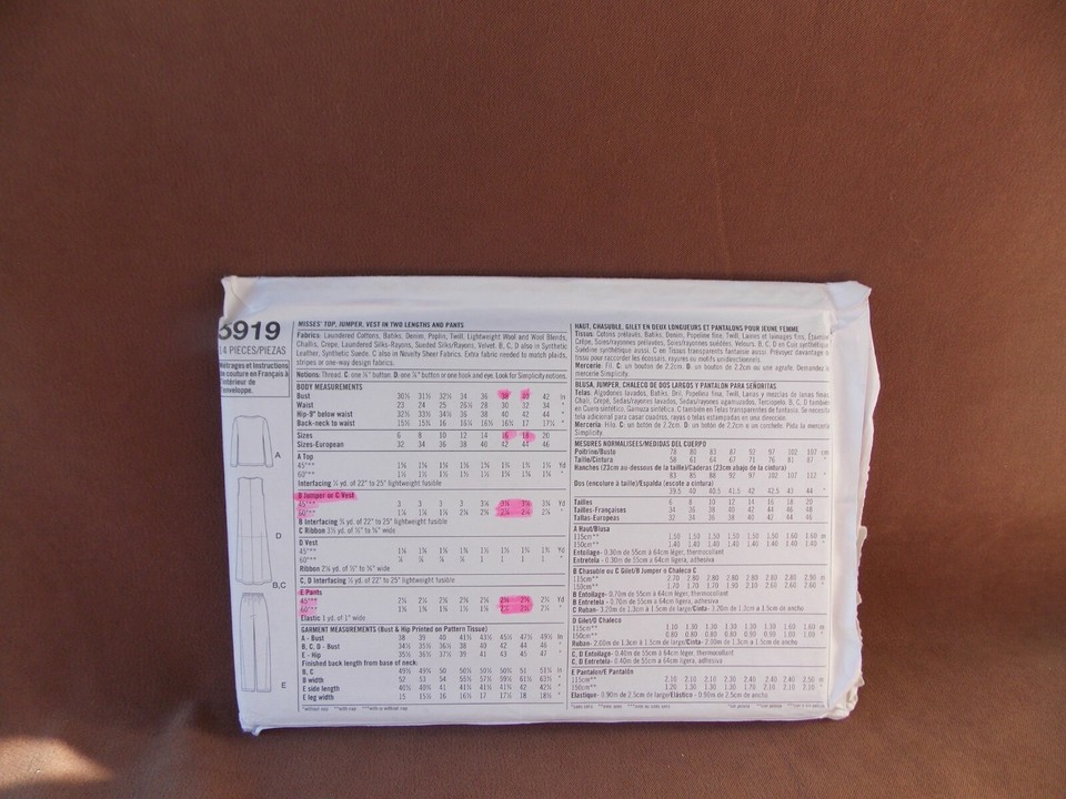 Simplicity Misses Top, Jumper, Vest & Pants Sizes 14-20 Uncut Pattern ...