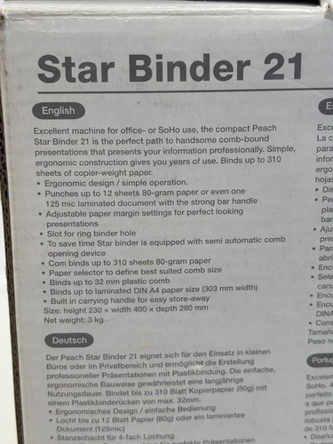 PEACH Star Binder 21 Comb Binding Machine 310 Sheet A4 4 Hole Punch ...