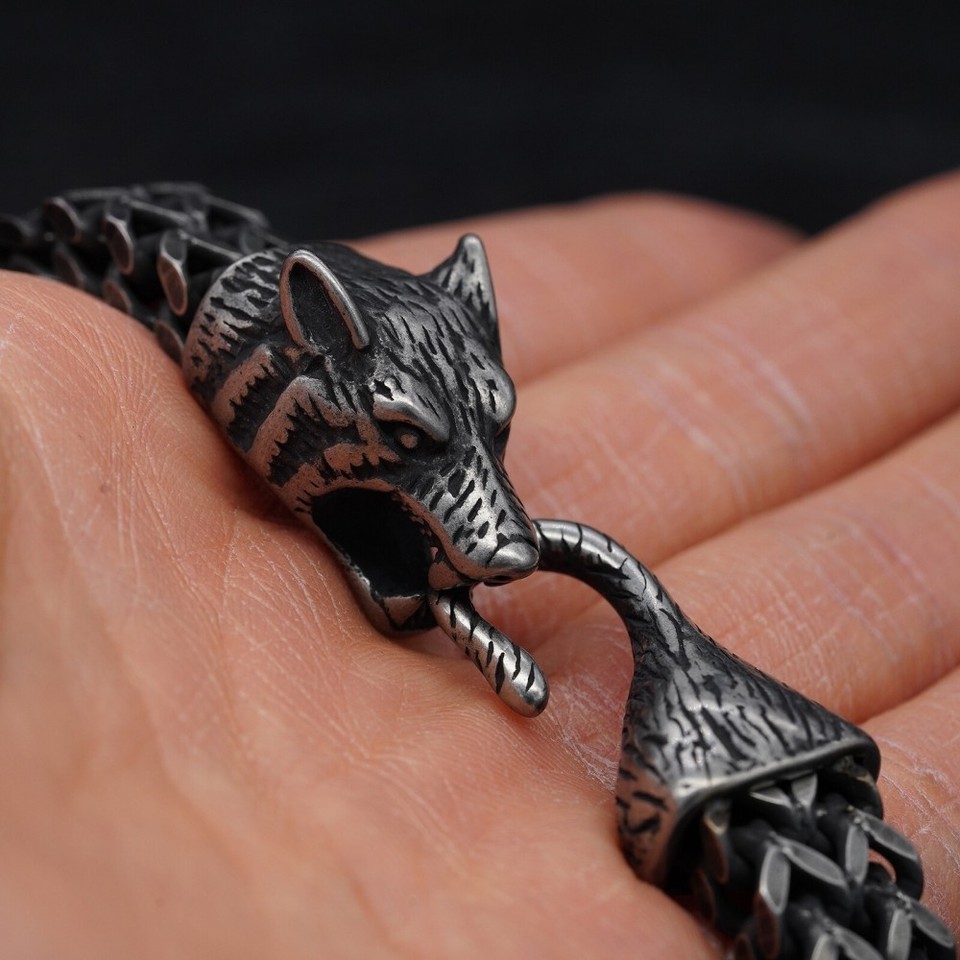 8 Inch Mens Black Stainless Steel Viking Fenrir Wolf Head Bracelet Men ...