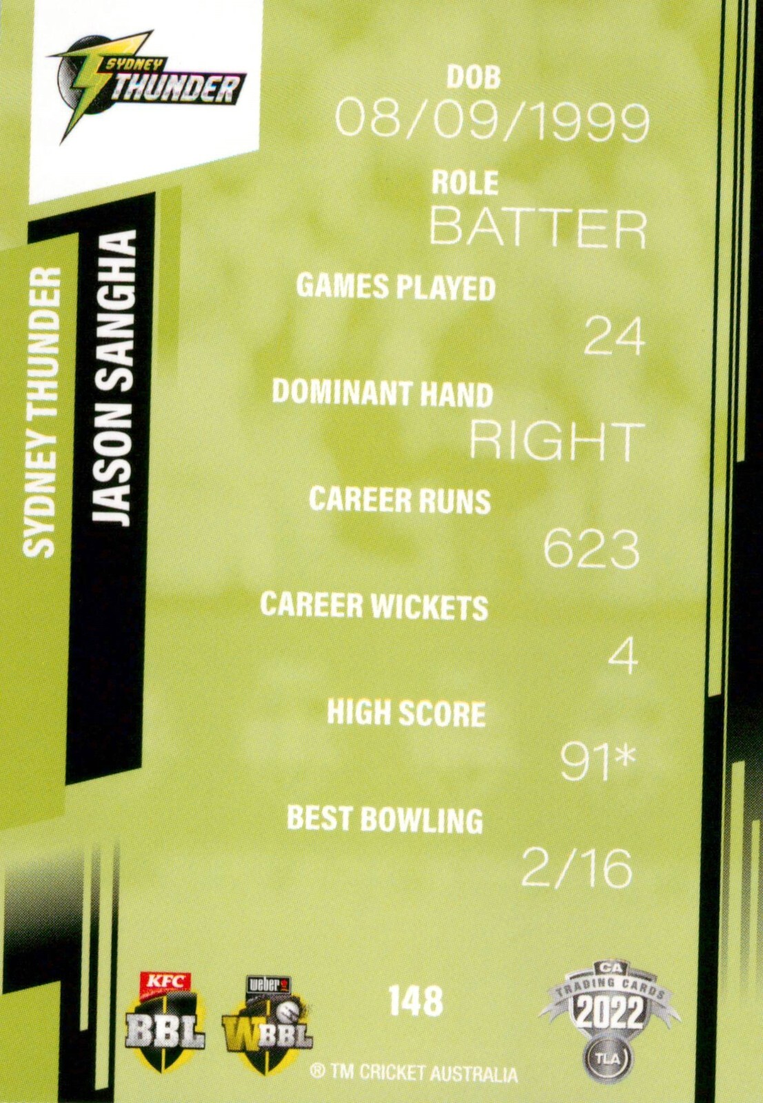 New 2022 2023 SYDNEY THUNDER BBL Cricket Card JASON SANGHA Traders | eBay