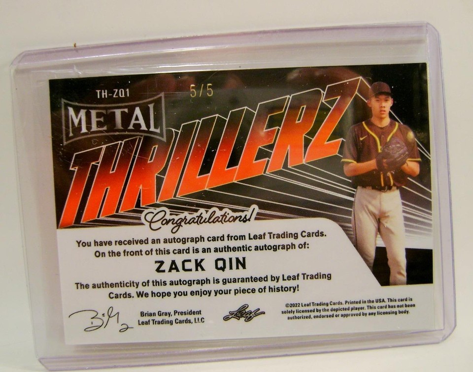 ZACK QIN #5 /5 THRILLERZ ZEBRA AUTO AUTOGRAPHED LEAF METAL BASEBALL ...