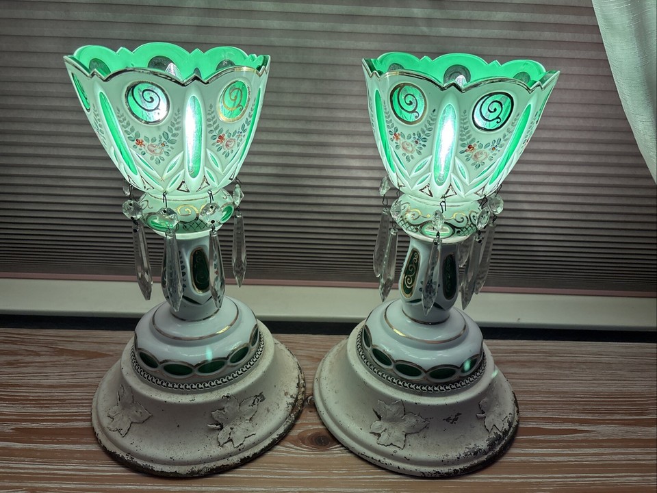 Antique Pair Czech Bohemian Mantle Luster Lamps ~ Cased Glass White Cut ...