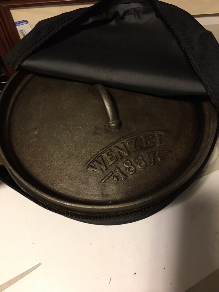 WENZEL 1887 Cast Iron Dutch Oven Roaster Camping w/ Lid Bail Handle 12 ...