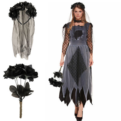 Halloween CORPSE BRIDE VEIL ROSES Fancy Dress Wedding Day Of The Dead ...