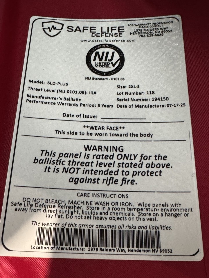 Safe Life Defense Vest SLD Plus Level IIIA Soft Plates Vest Size 2XL ...