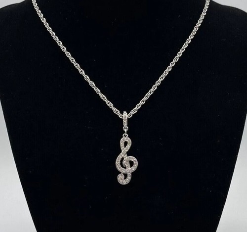 Treble Clef Music Note Pendant Necklace Silver Tone with Clear ...
