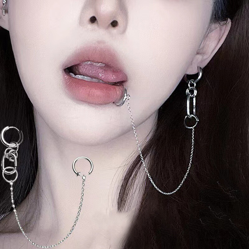 Cool Fake Piercing Lip Clip Earring Punk Chain Linked Earrings Hinged ...