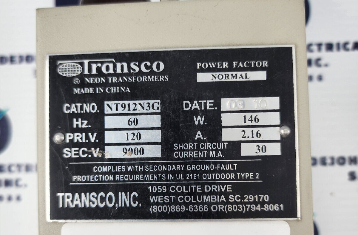 TRANSCO NT912N3G 120V PRIMARY 9000V SEC. 2.16 AMP NEON TRANSFORMER | eBay