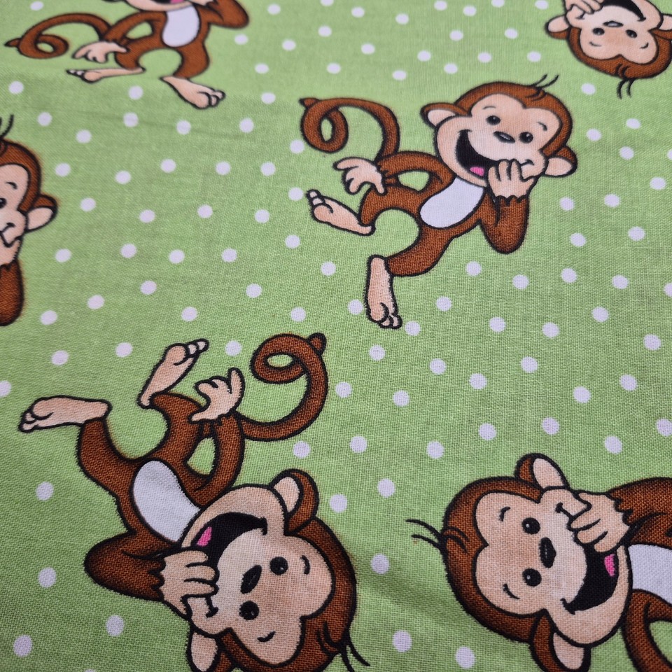 Laughing Monkeys on Green Polka Dot Background Cotton Fabric 2 Yards Jo ...