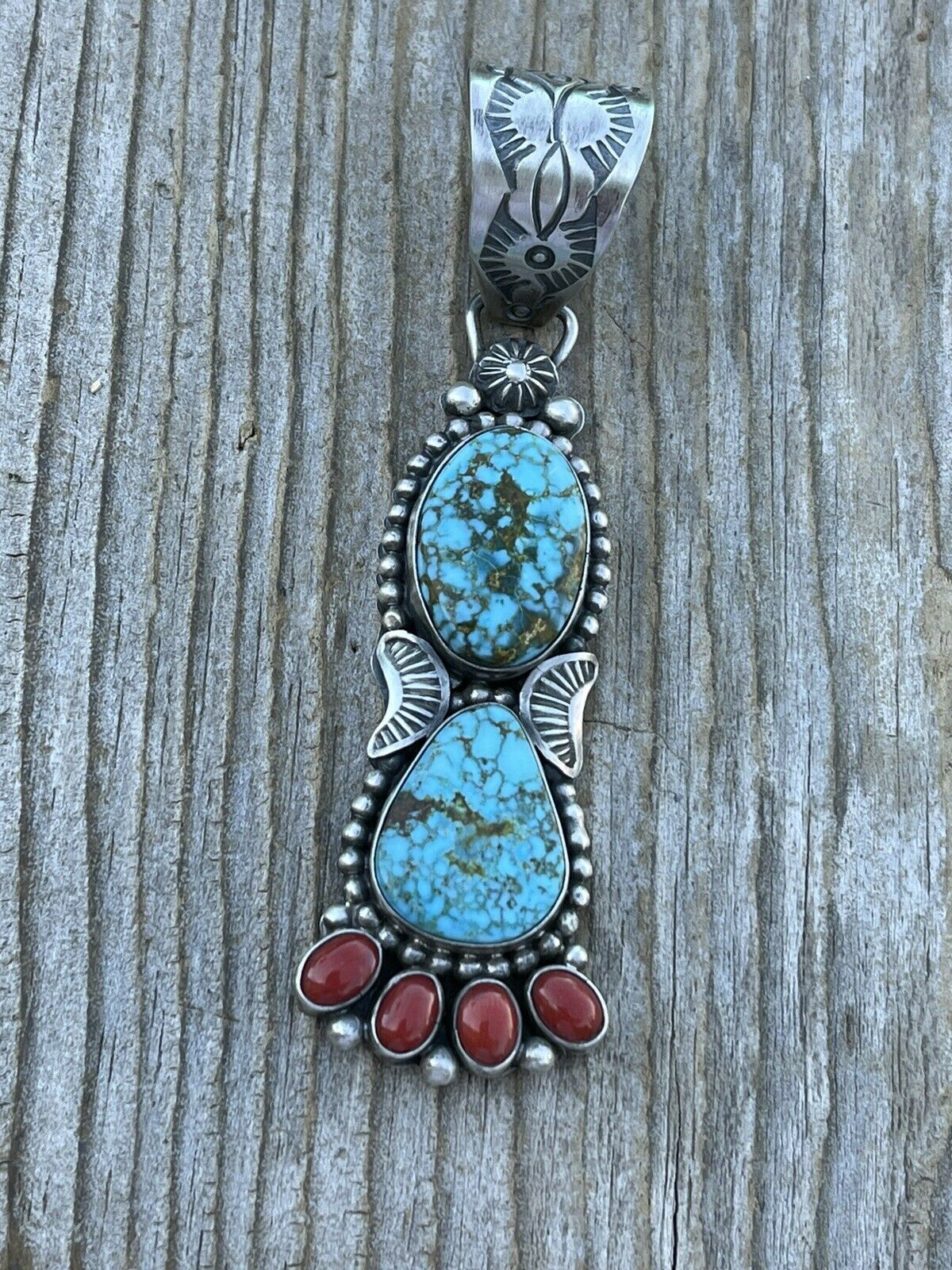 Navajo Sterling Kingman Web Turquoise & Red Coral Taos Pendant Danny ...