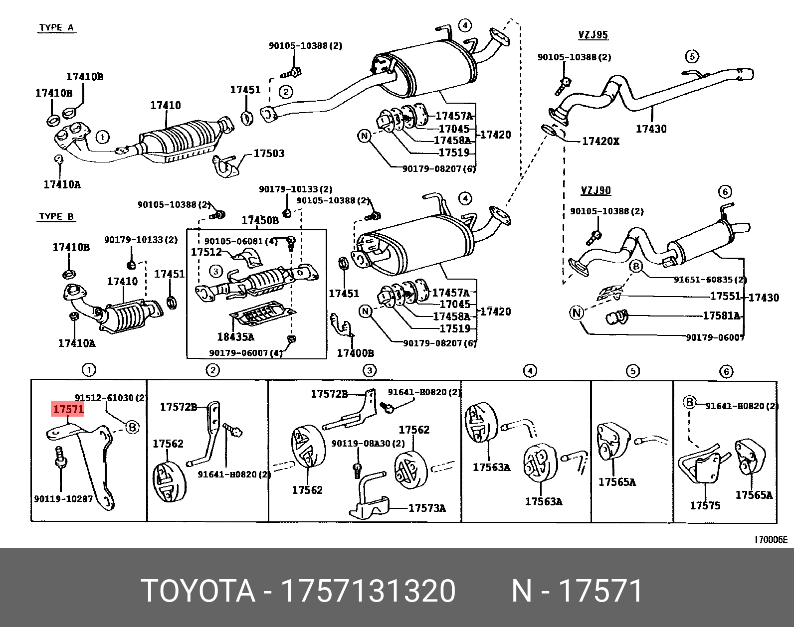 Original bracket, exhaust pipe support, no.1, 1757131320 for TOYOTA ...