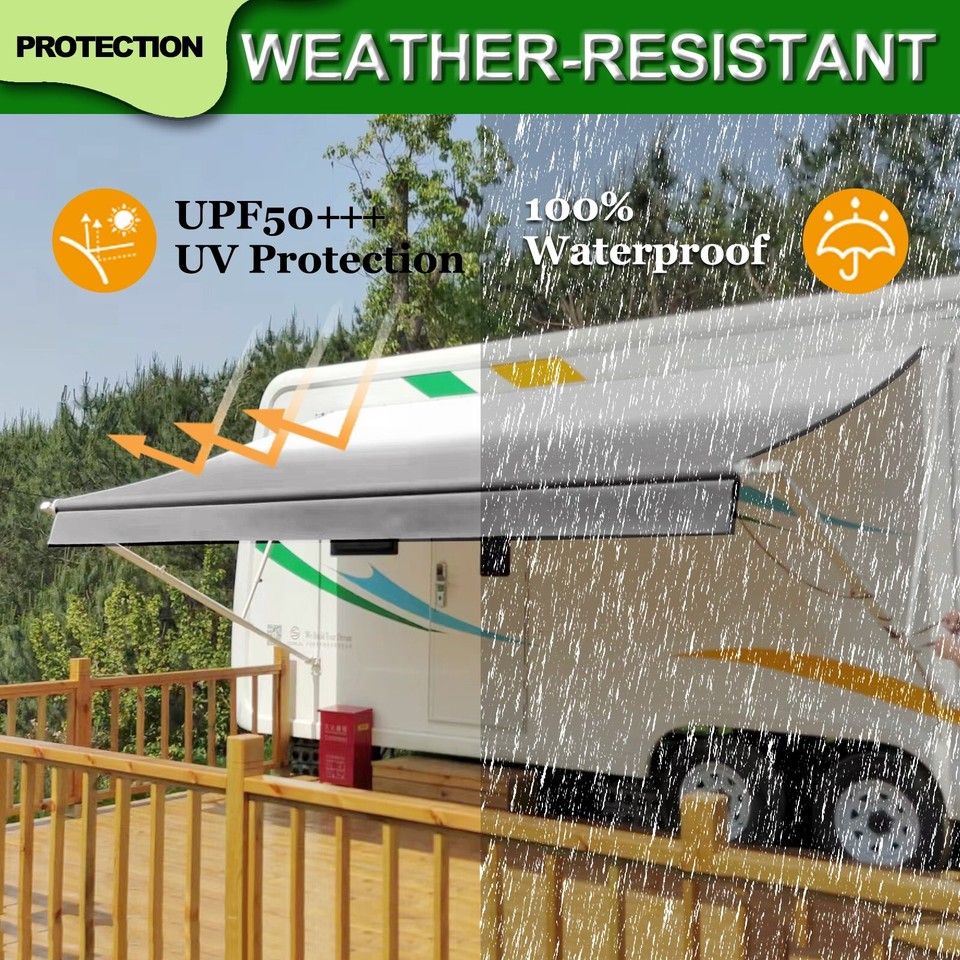 Manual RV Awning Kit，10' Retractable RV Awning Frame White Frame-Black ...