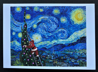*ONE* Van Gogh Parody Starry Night Christmas Card Santa Decorating Tree ...