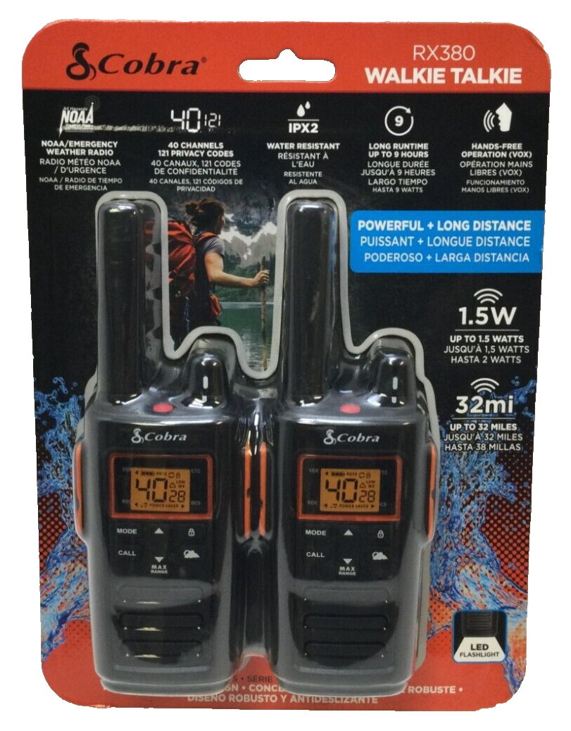 Cobra RX380 Walkie Talkies Radios, 32 Mile NOAA Weather-Resistant, 2 ...