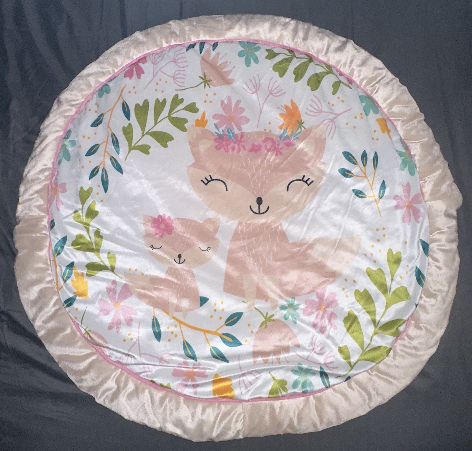 Fox Floral Round Baby Play Mat Pink Plush Satin Trim Tummy Time Blanket ...