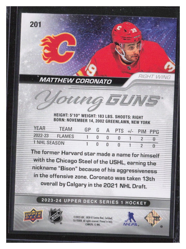 Matthew Coronato 2023-24 UD Series 1 Young Guns #201 Calgary Flames | eBay