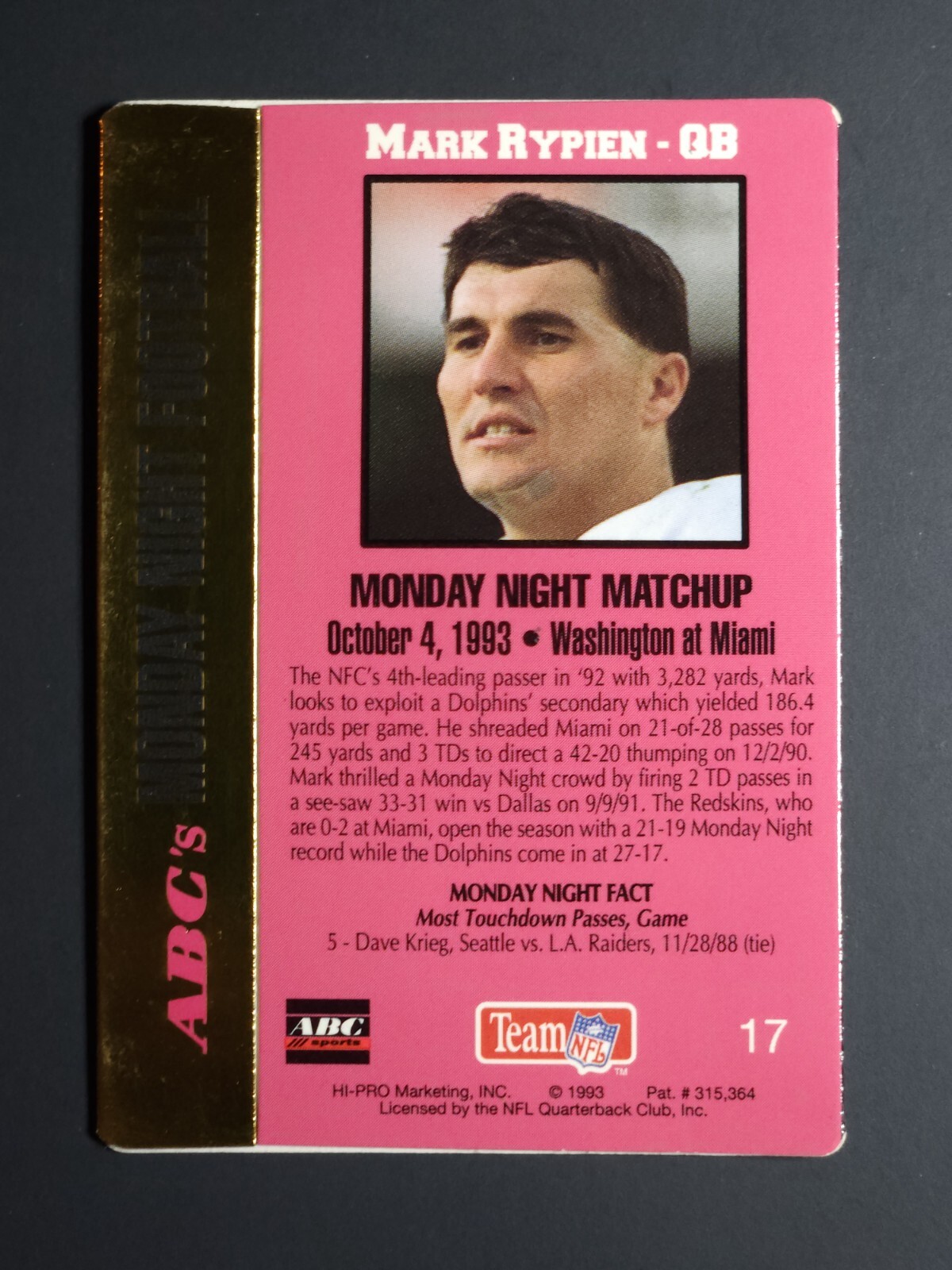 1993 ACTION PACKED ABC MNF #17 MARK RYPIEN *A* WASHINGTON COMMANDERS ...