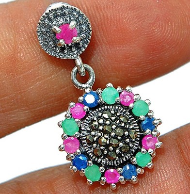 Treated Ruby & Swiss Marcasite 925 Sterling Silver Pendant Jewelry QQ2 ...