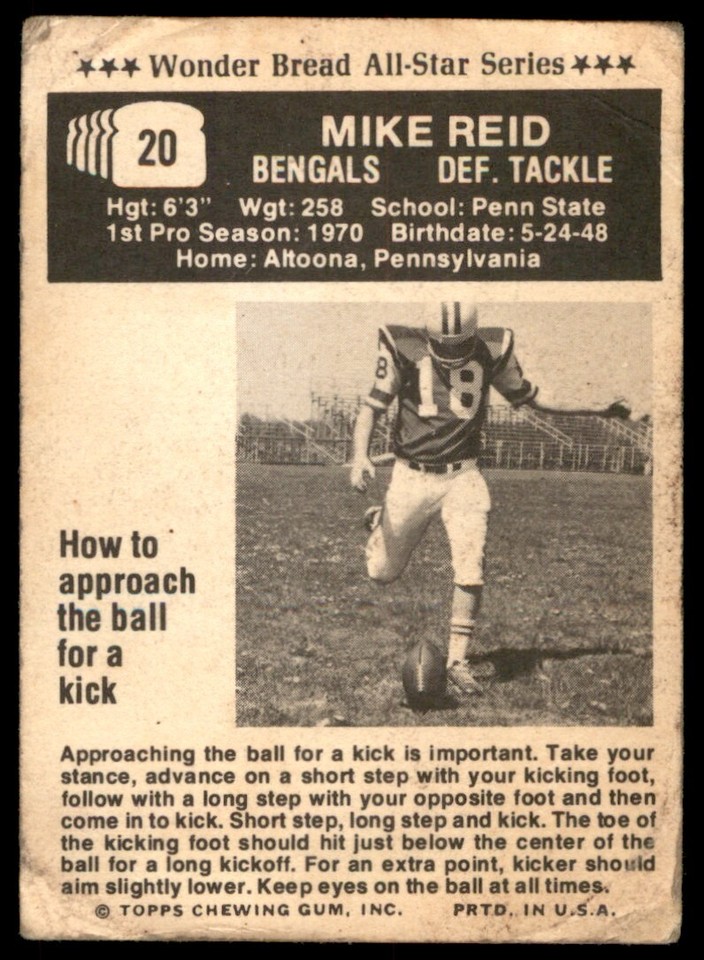 1974 WONDER BREAD MIKE REID CINCINNATI BENGALS #20 | eBay