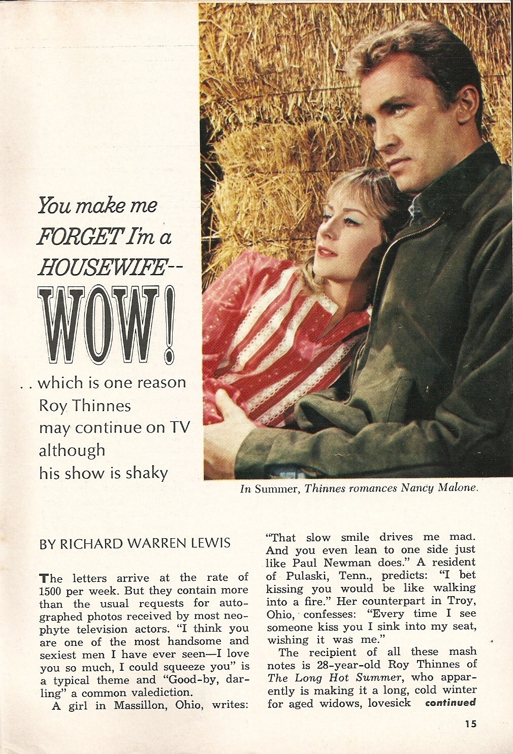 1966 TV ARTICLE~ROY THINNES & NANCY MALONE in THE LONG HOT SUMMER ...
