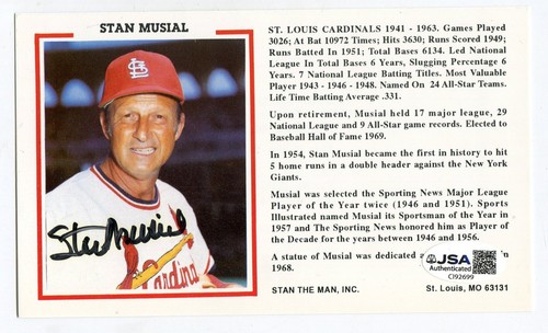 Stan Musial Autographed 4x6 Postcard JSA Cardinals 105577 | eBay