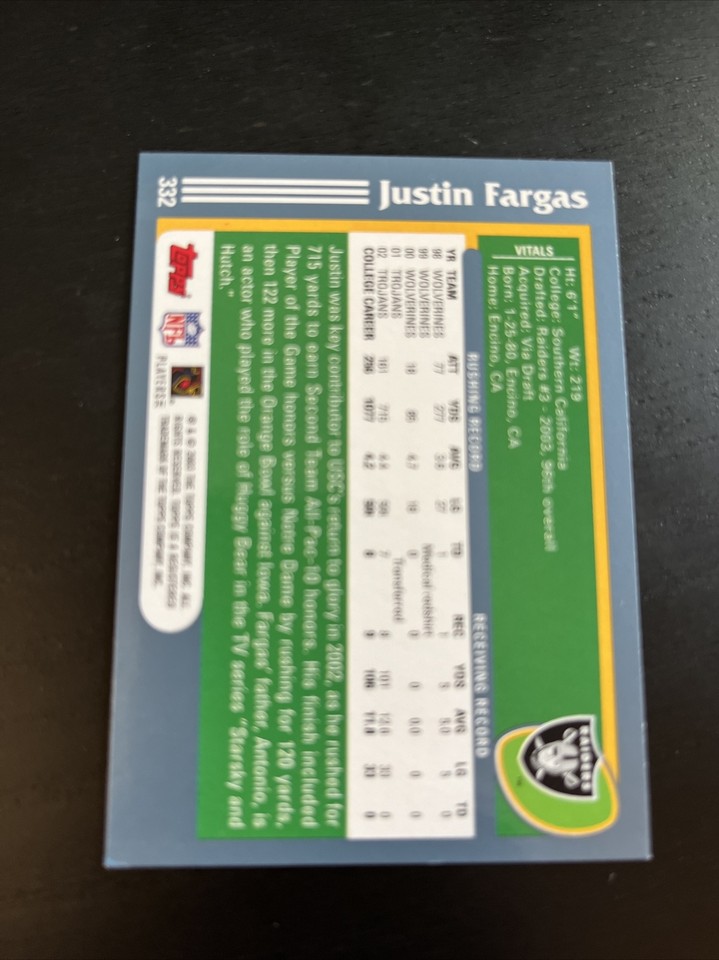 2003 TOPPS JUSTIN FARGAS OAKLAND RAIDERS #332 | eBay