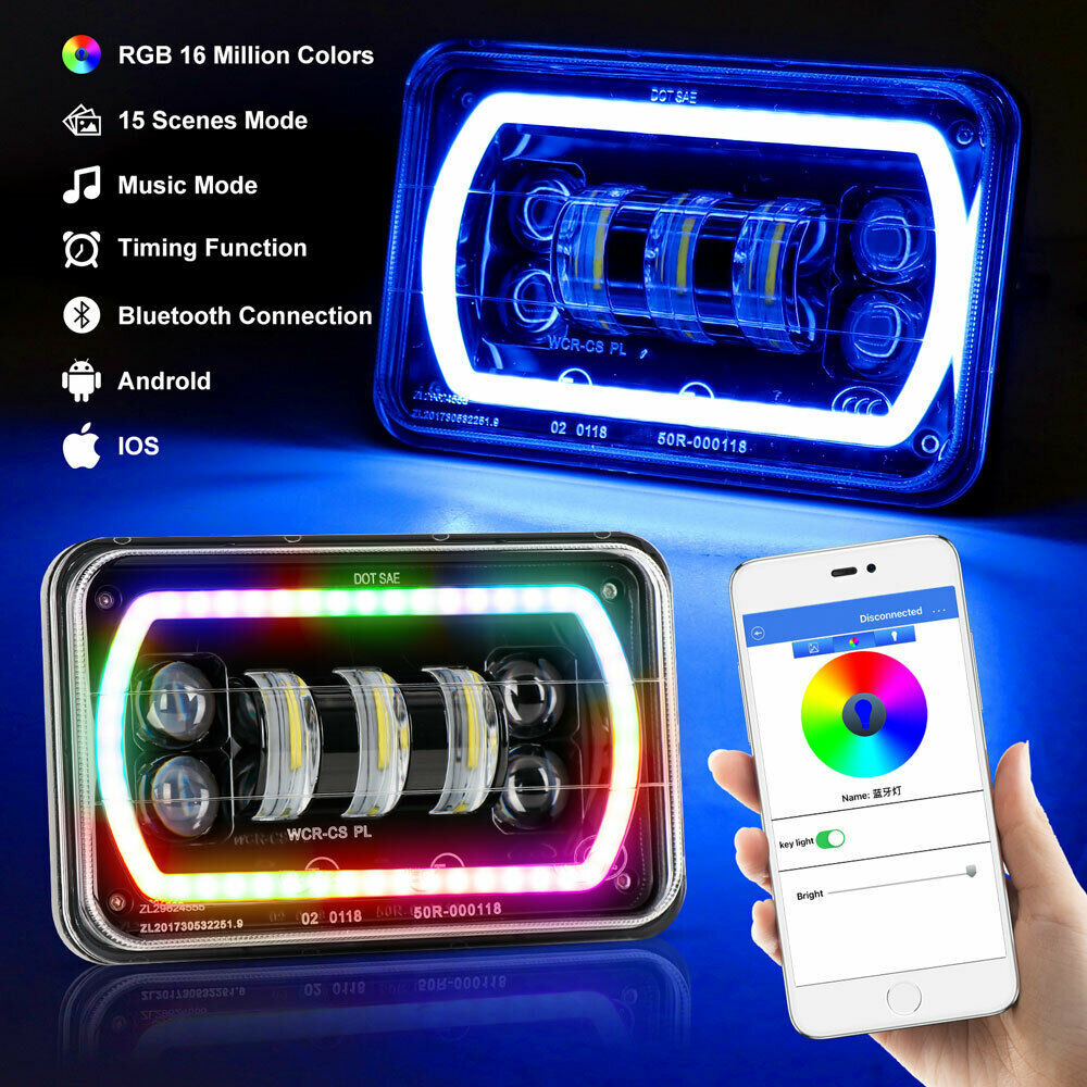 4"x6" inch LED Headlights RGB Halo For FJ80 FZJ80 Toyota Landcruiser 60 ...