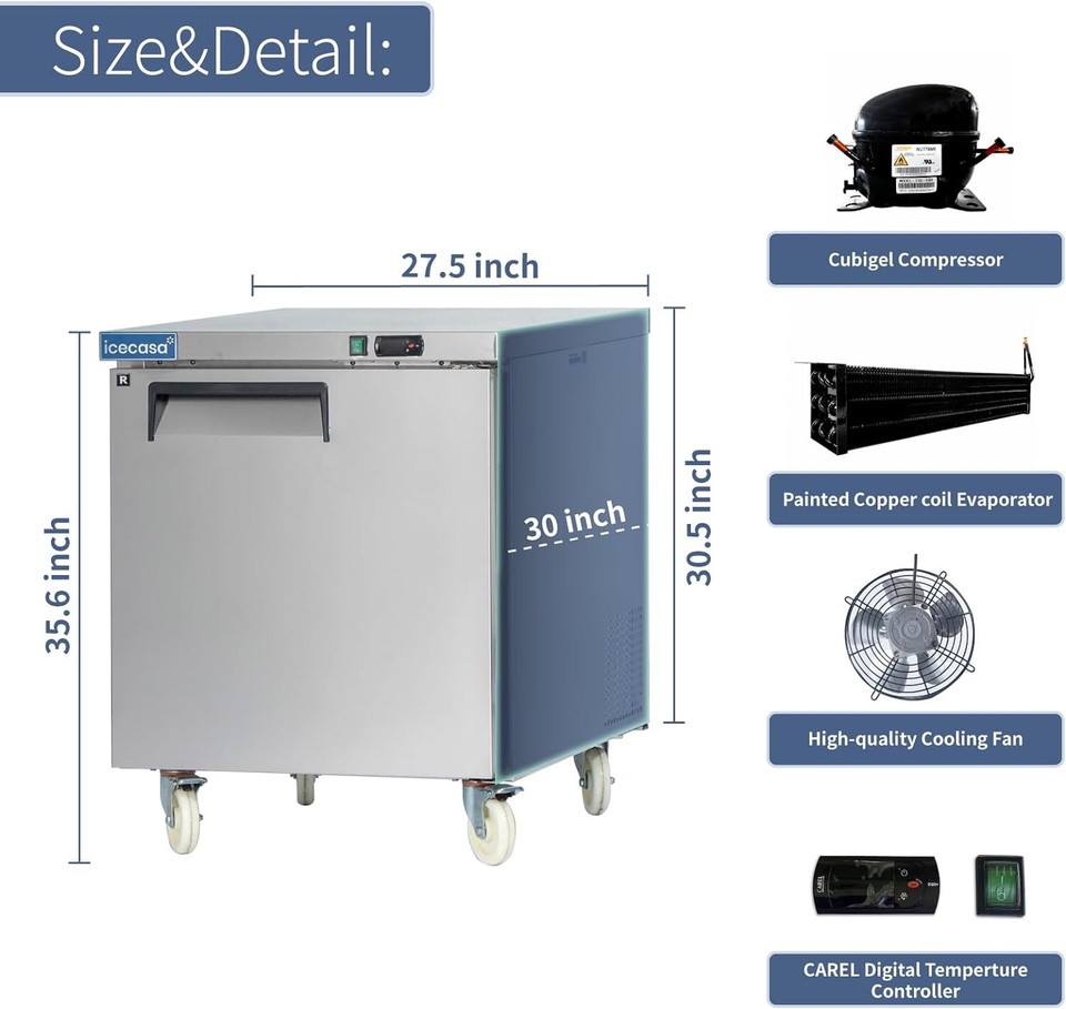 1 Door Undercounter Refrigerator, ICECASA 27" Commercial Lowboy Worktop ...