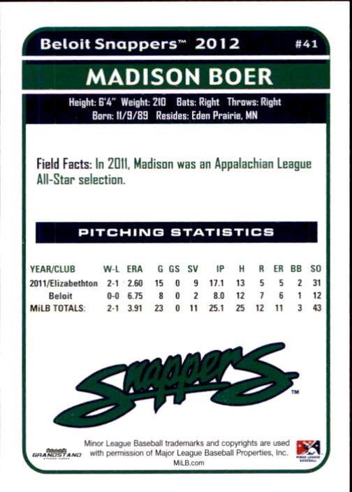 2012 Beloit Snappers Grandstand #2 Madison Boer Eden Prairie Minnesota ...