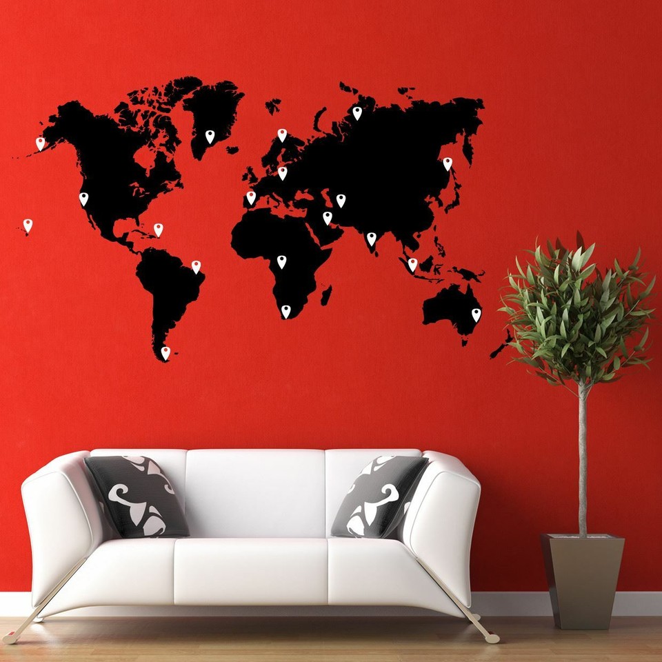 World Map Vinyl Wall Decal Sticker. Includes Location Pins. Office Wall ...